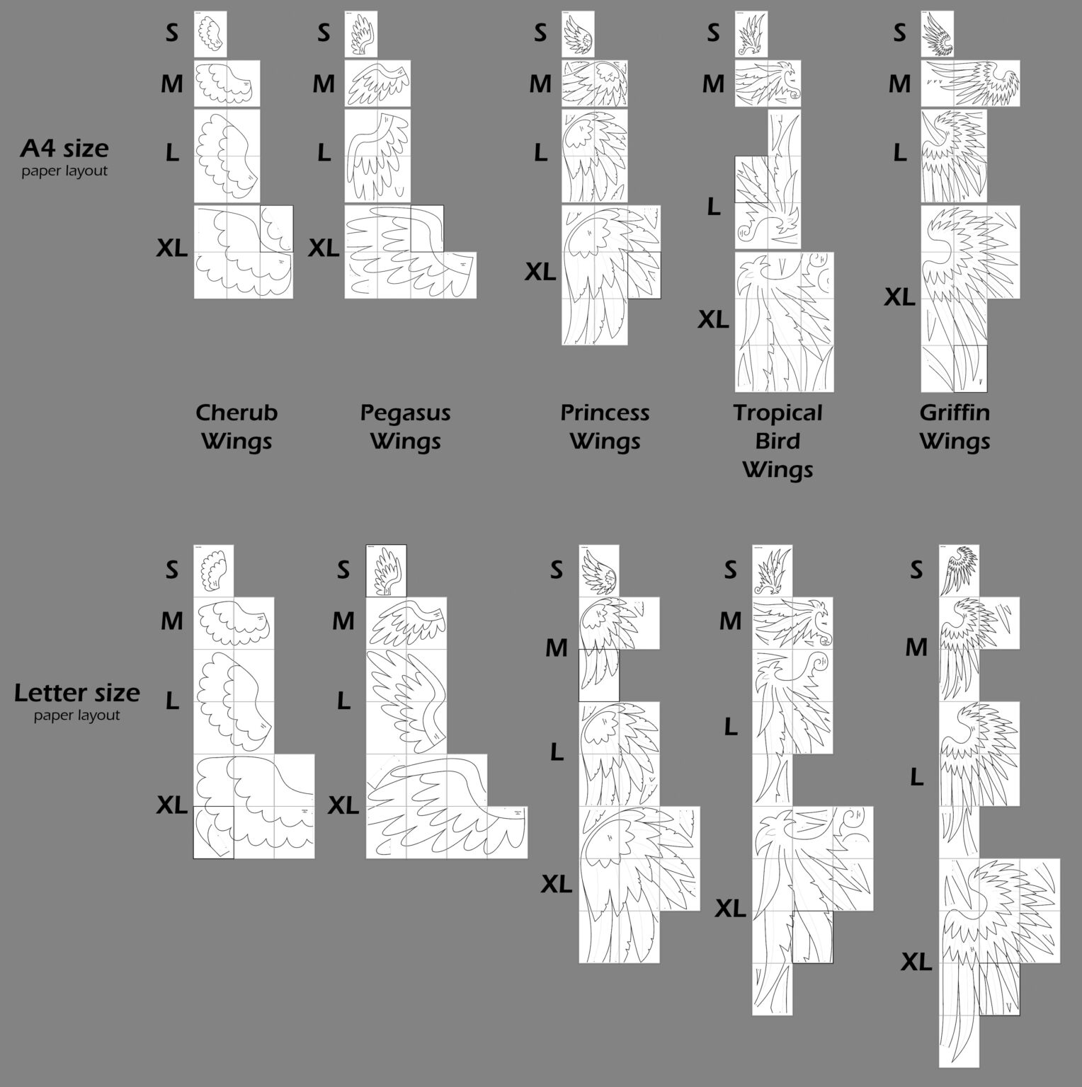 Feathered wings template collection - 5 wing shapes - Pretzl Cosplay